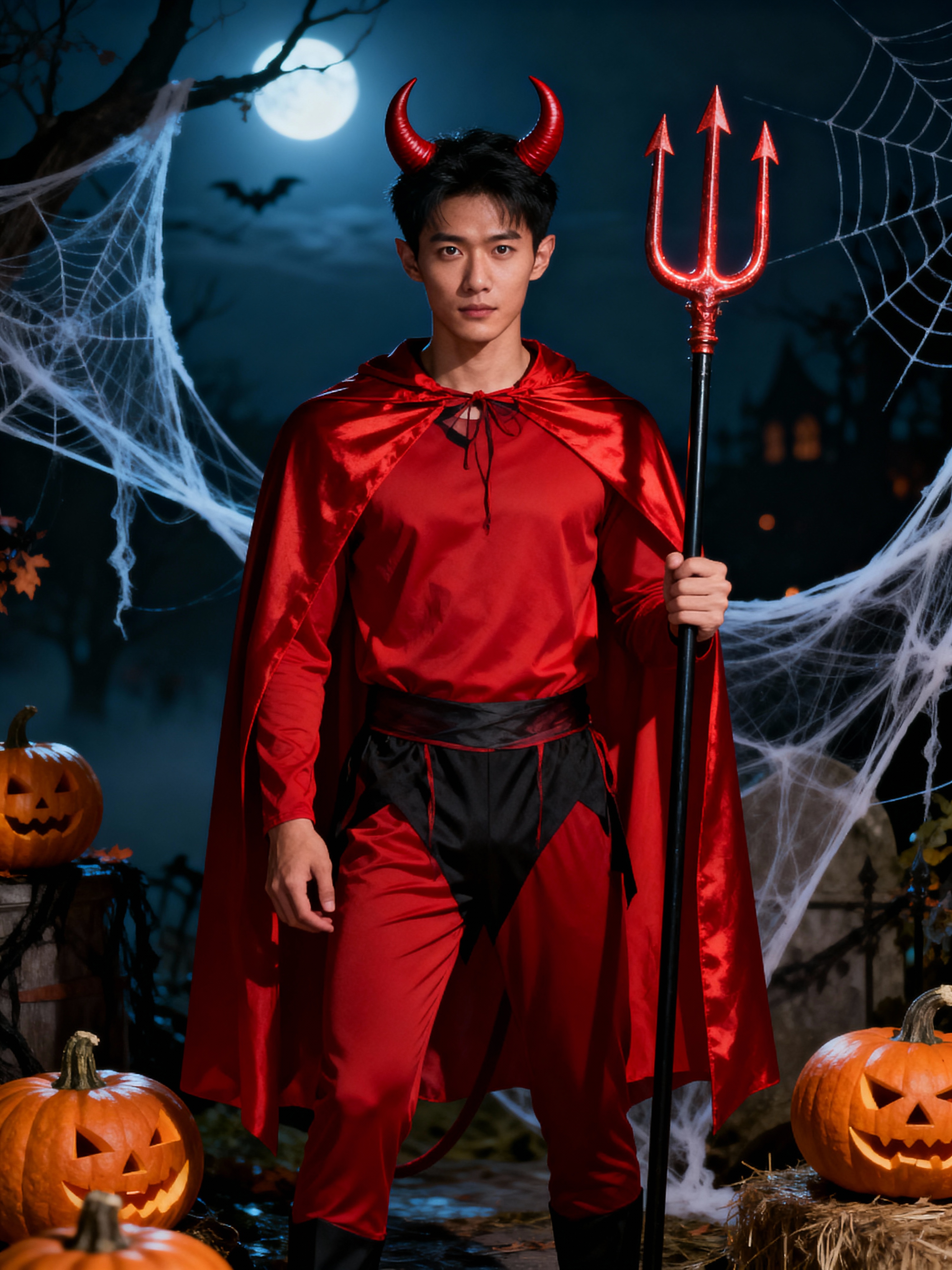 A man wearing a classic red devil costume with devil horns, a red cape ...