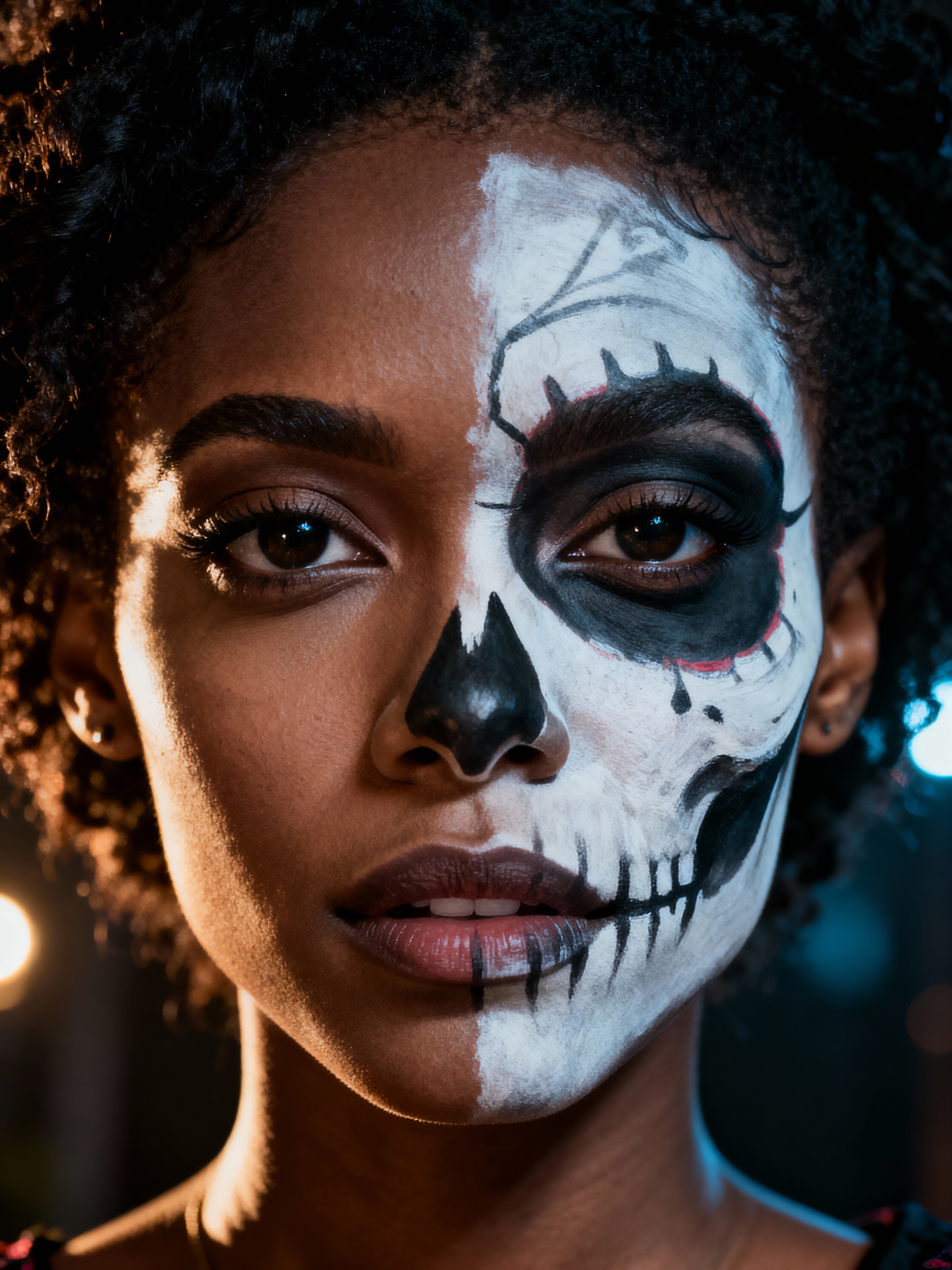 A woman with face beautifully painted in half-skull calavera style ...