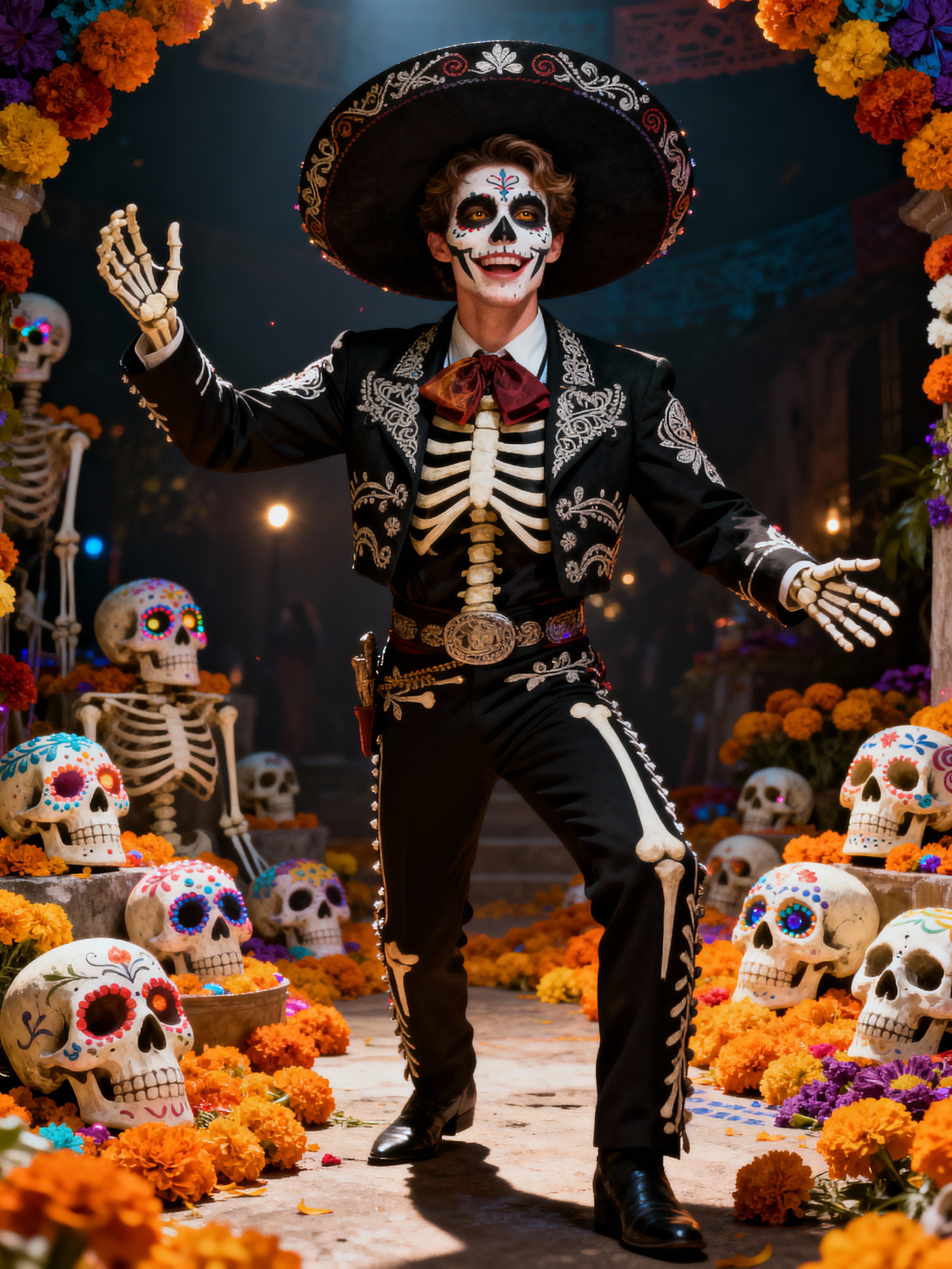 A man in traditional Day of the Dead clothes with skeleton details ...