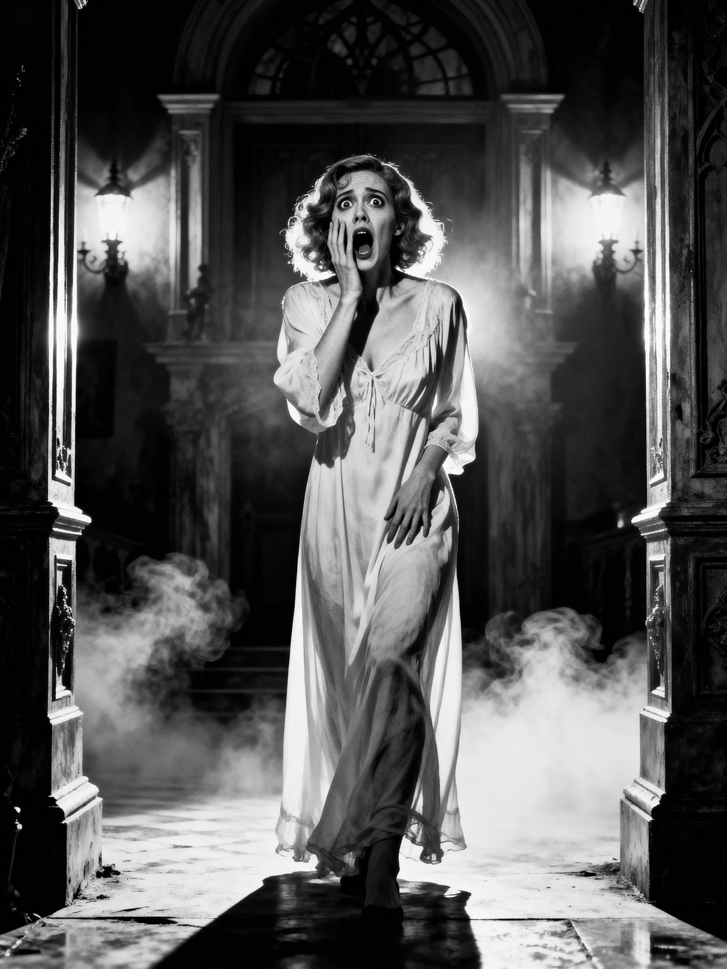 Black and white 35mm film of woman as a 1920s silent horror film scream ...