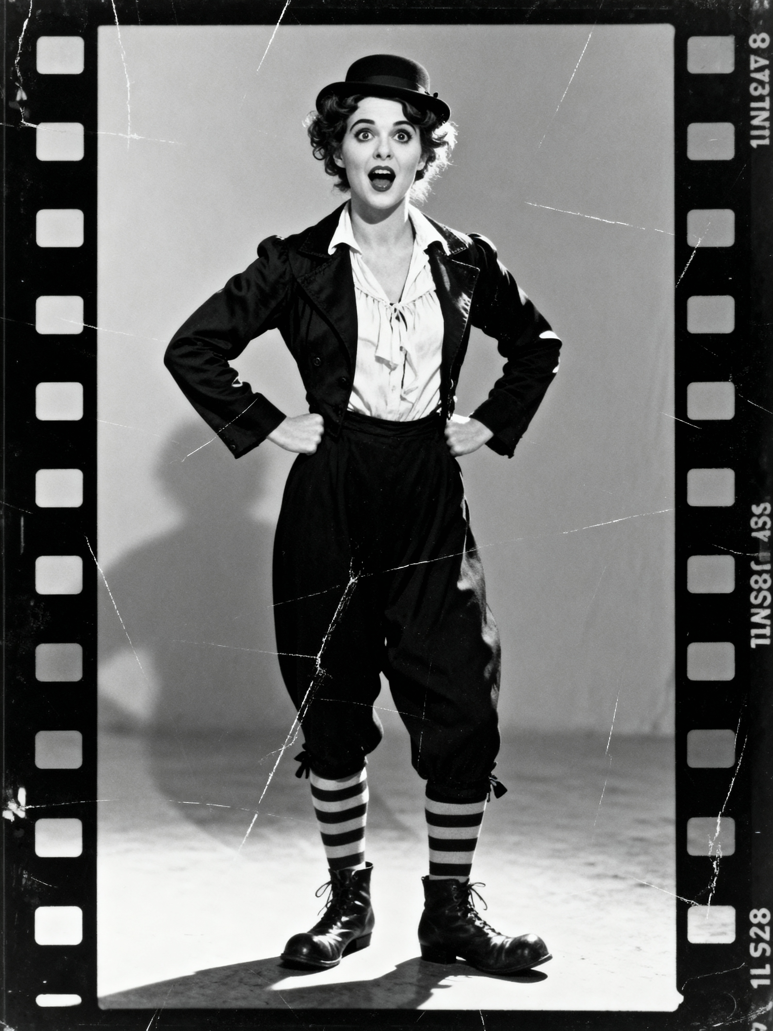 Black and white 35mm film of woman as a 1920s silent comedy actress in ...
