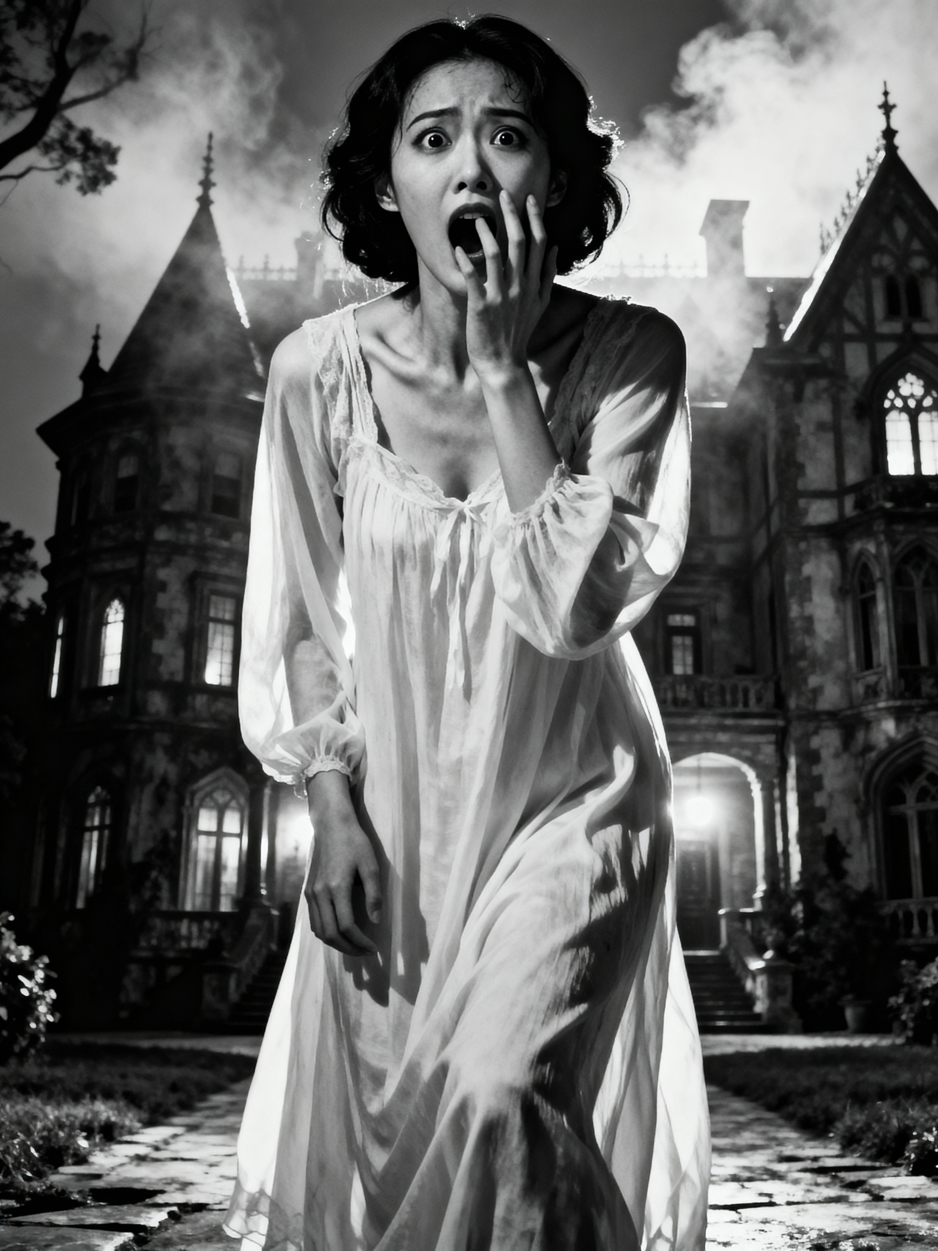 Black and white 35mm film of woman as a 1920s silent horror film scream ...