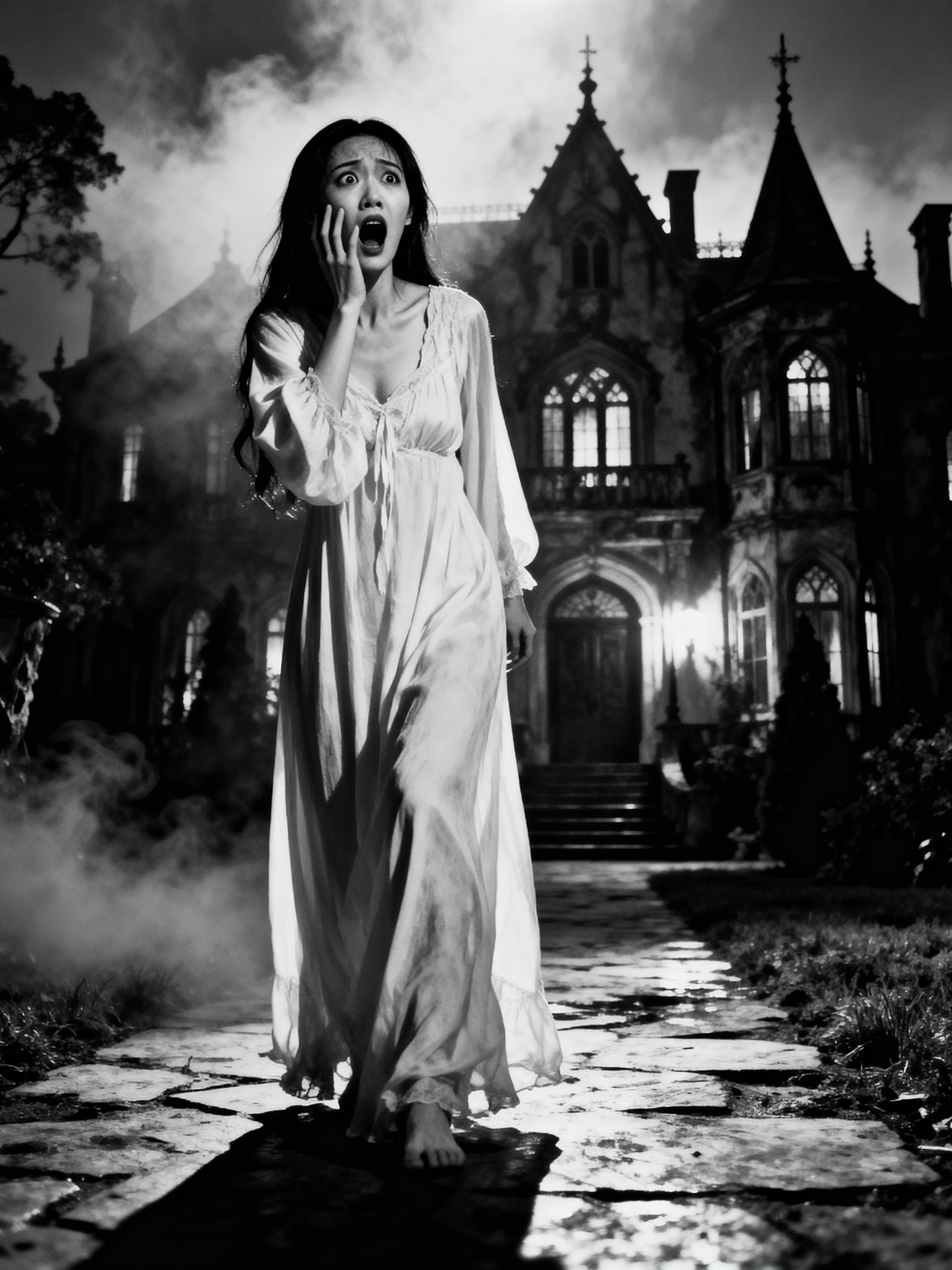 Black and white 35mm film of woman as a 1920s silent horror film scream ...
