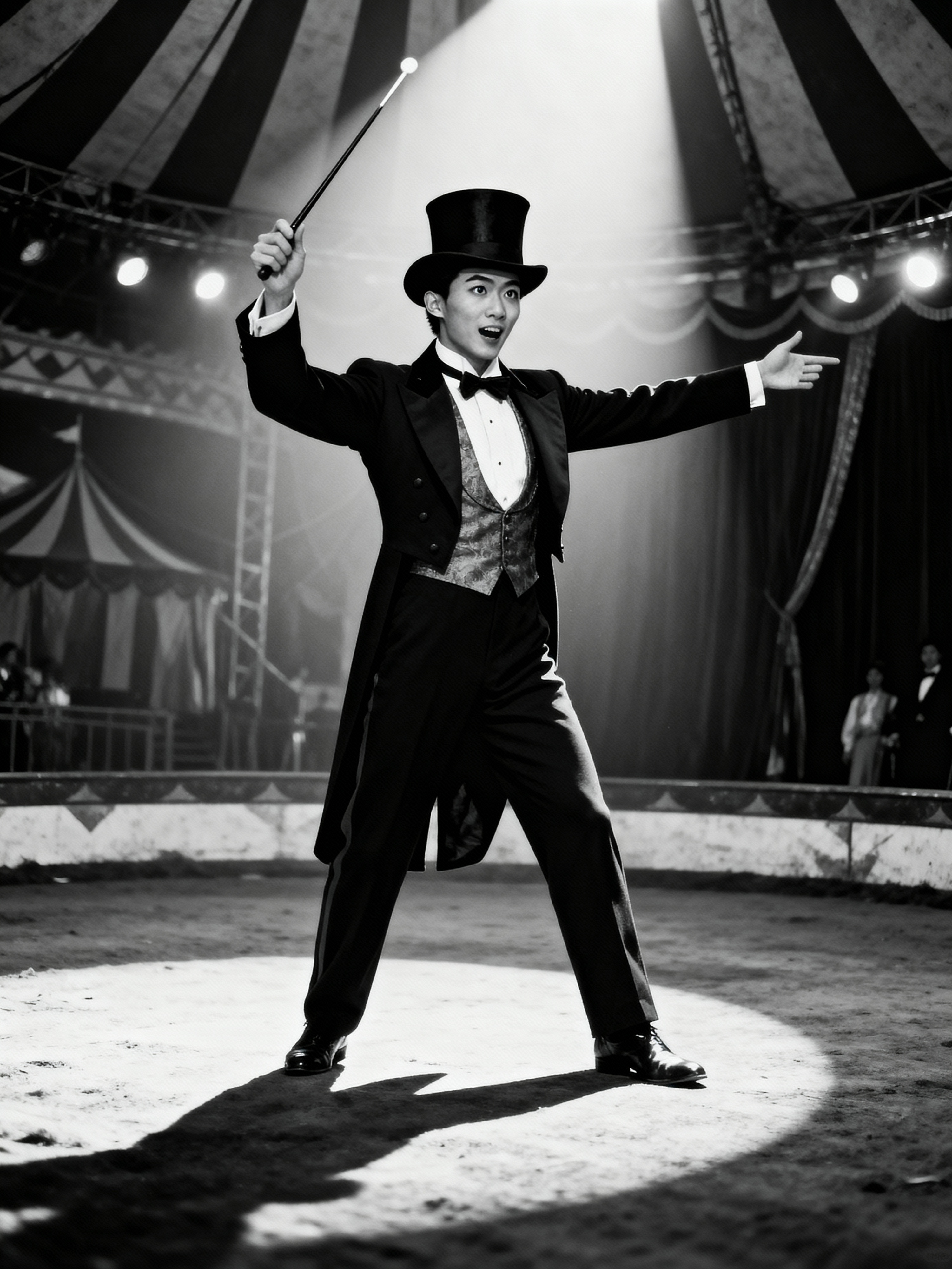 Black and white 35mm film of man as a 1920s silent film ringmaster in ...