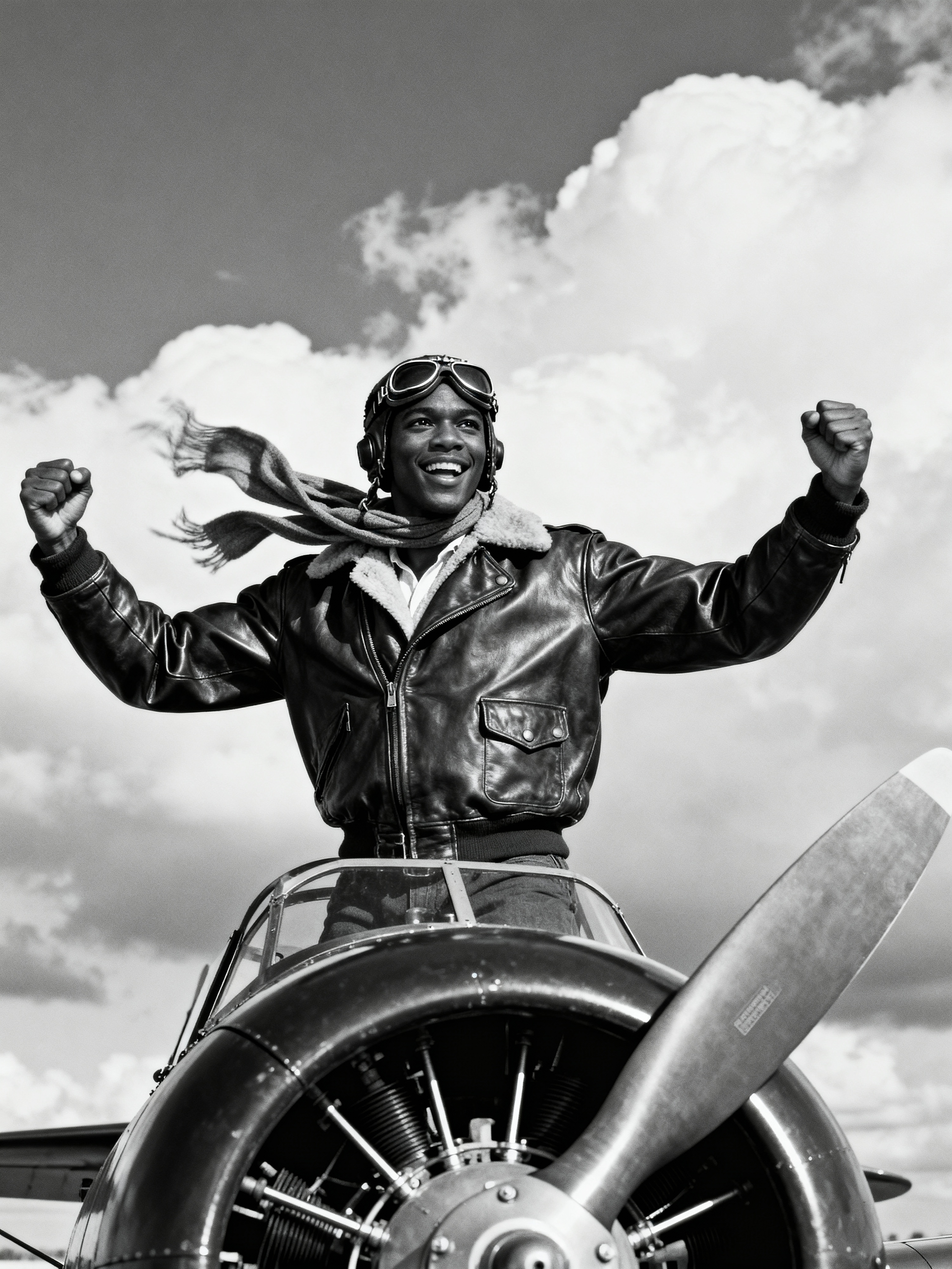 Black and white 35mm film of man as a 1920s silent film aviator wearing ...