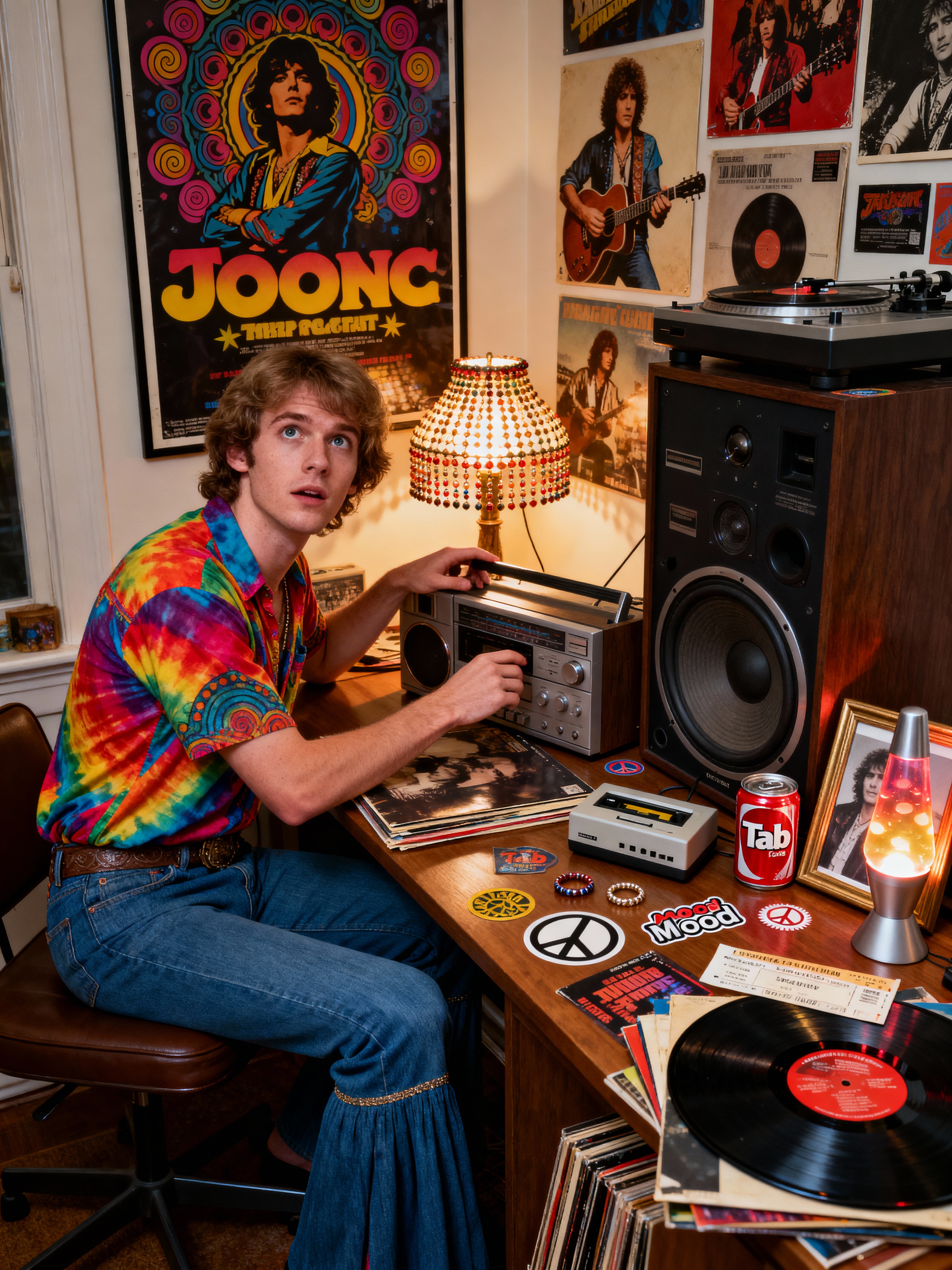 Man sitting at a 70s themed desk setup. the man is dressed in 1970s ...