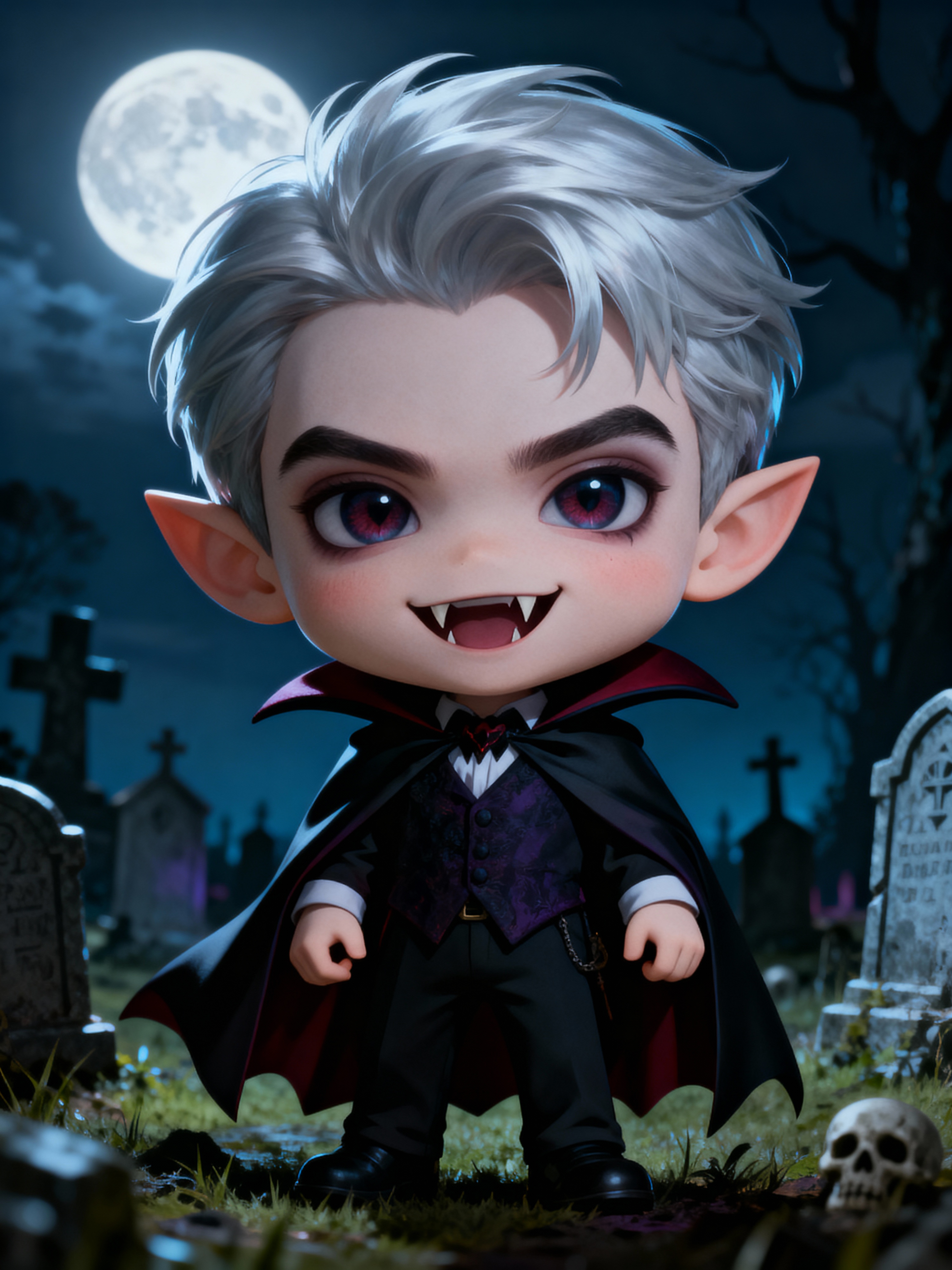 The man as a chibi vampire with tiny fangs and a mischievous smile ...