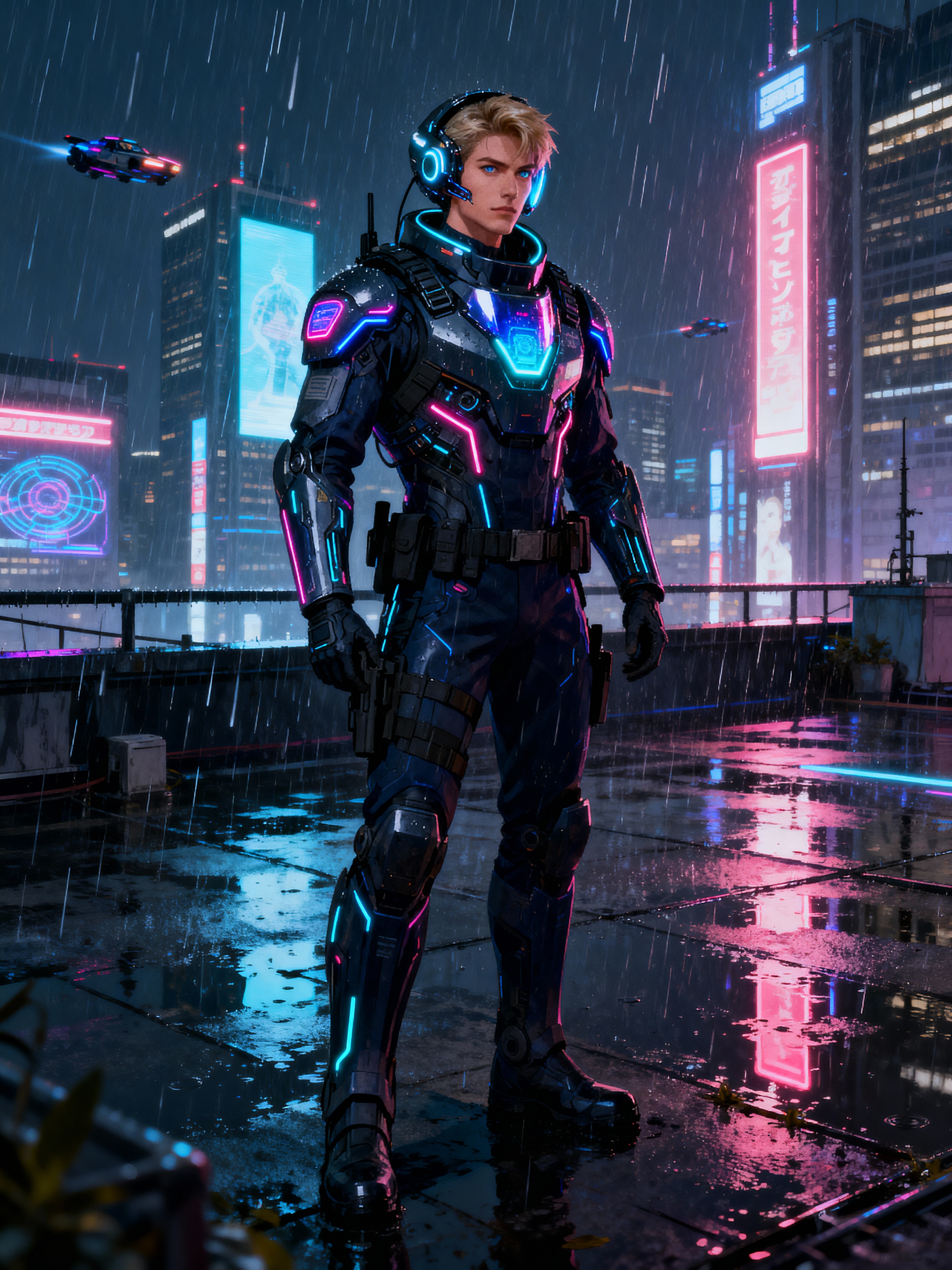 Man as futuristic beautiful cyberpunk police officer, in heavy rainning ...