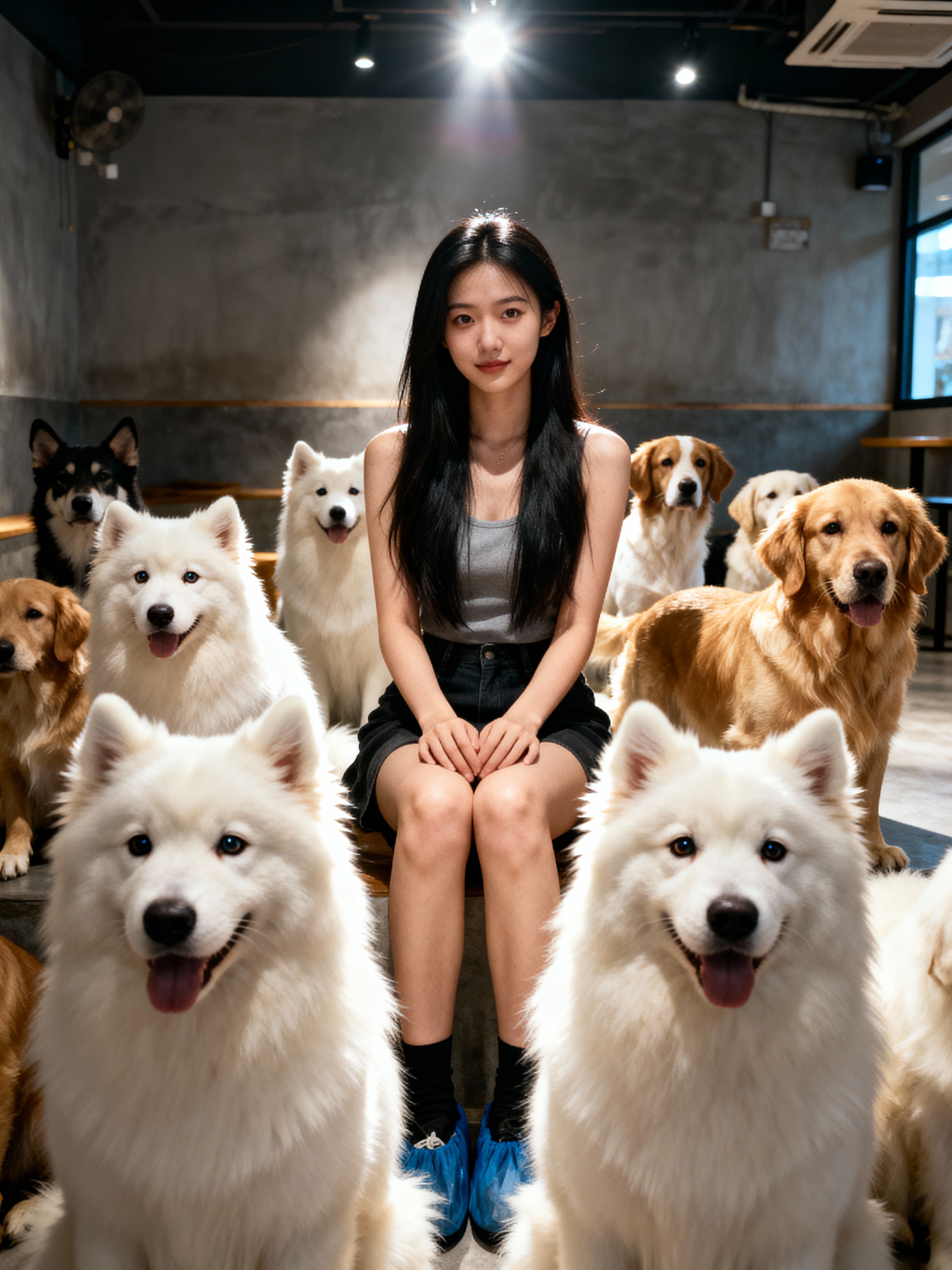 Woman in a Dog Cafe with many cute Samoyed and Golden Retriever dogs - #25504375 - Royalty Free ...