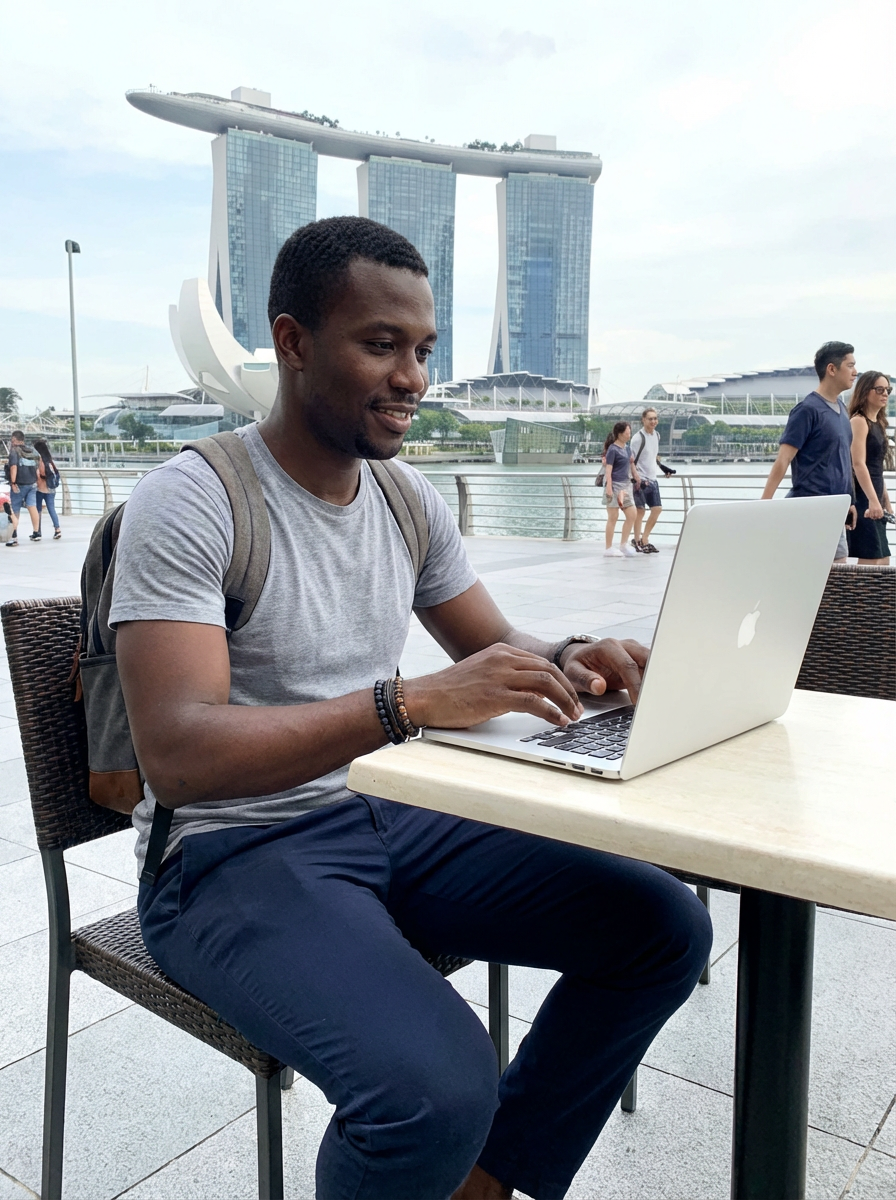 Man as digital nomad in Singapore with Marina Bay Sands in background, workin... - #26490151 ...